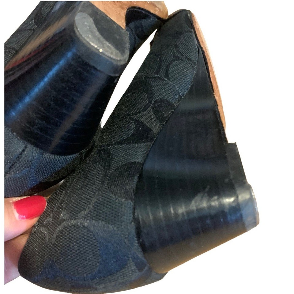 COACH "MERYL" BLACK SIGNATURE PRINT CLOTH & LEATHER CAP TOE WEDGE HEELS ...