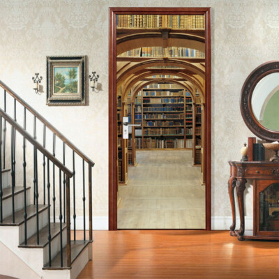 Door Sticker Library Retro Bookshelf Wall Decals Mural 3D Waterproof ...