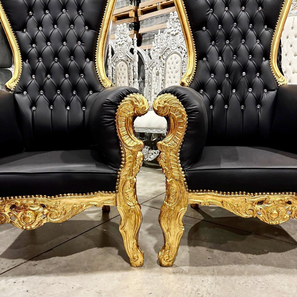 Throne Chair French Style Black Leather High-Back Tufted Gold Throne | eBay