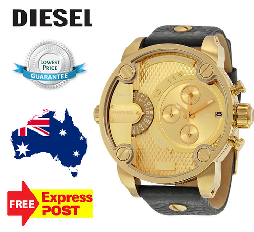 NEW DIESEL LITTLE DADDY DZ7363 ALL GOLD/LEATHER CHRONOGRAPH QUARTZ MENS ...