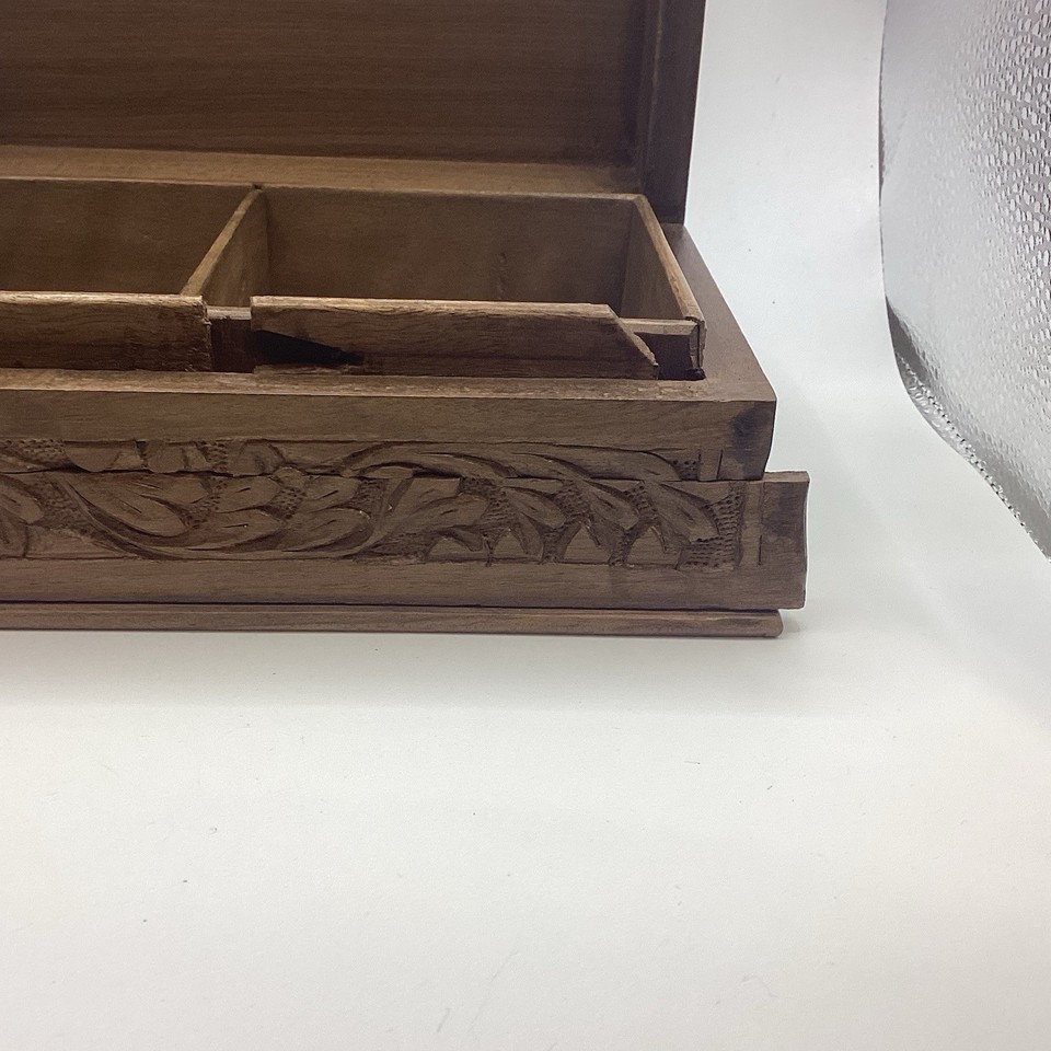 Vintage hand carved wooden box with secret slide lock-hinged lid vgc ...