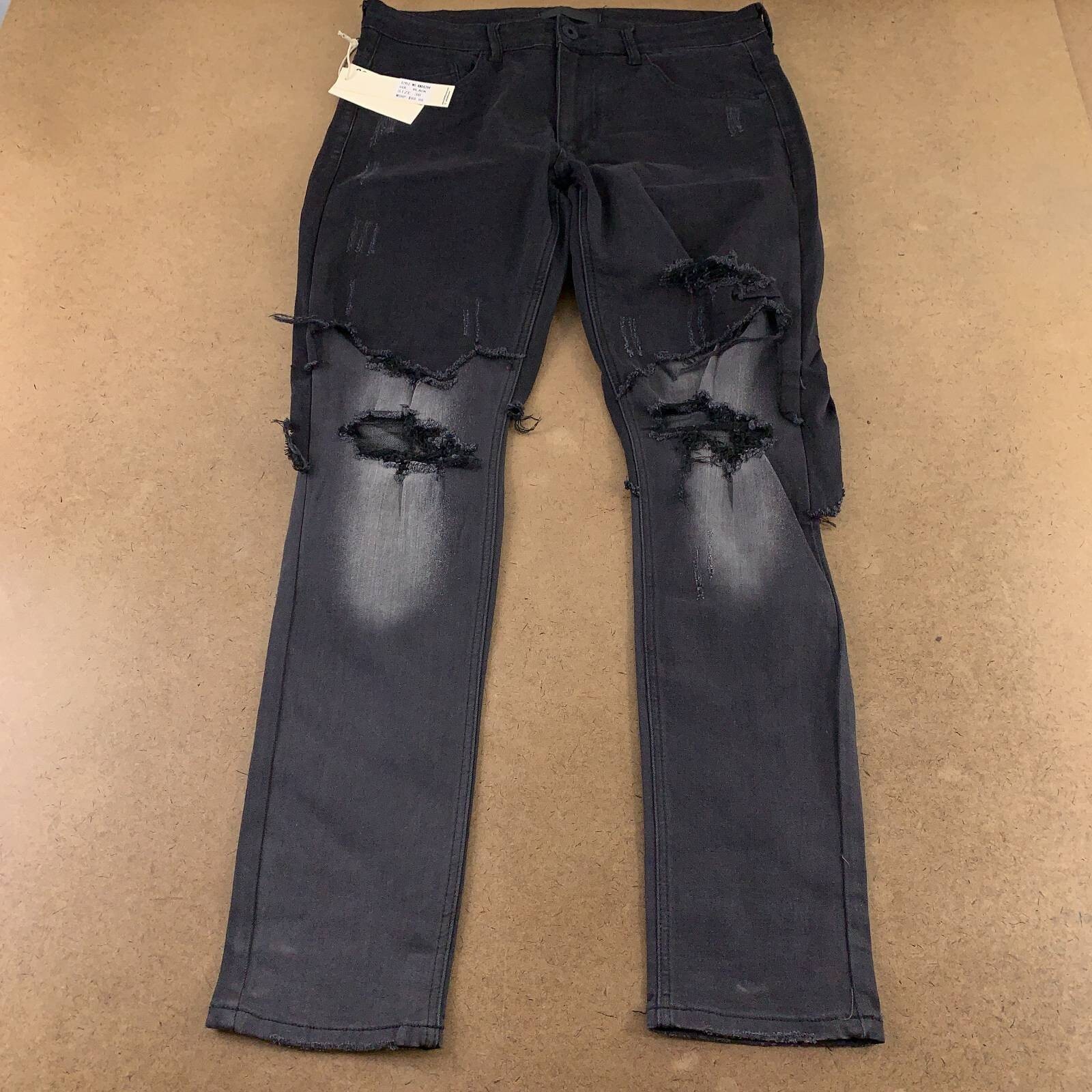 KDNK Mens Double Layer Jeans Skinny Black Distressed Stretch Denim ...