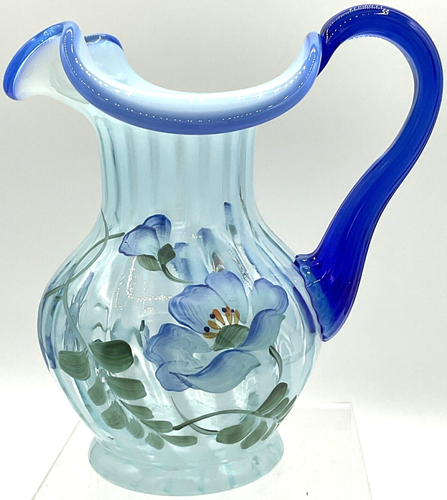 Fenton Ruffled Art Glass Pitcher Hand Painted Mike Lemon Cobalt Lt Blue ...