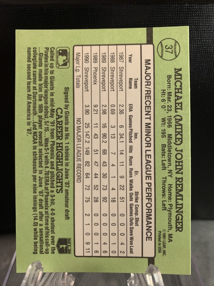 Mike Remlinger 1991 Donruss The Rookies BASEBALL #37 San Francisco ...