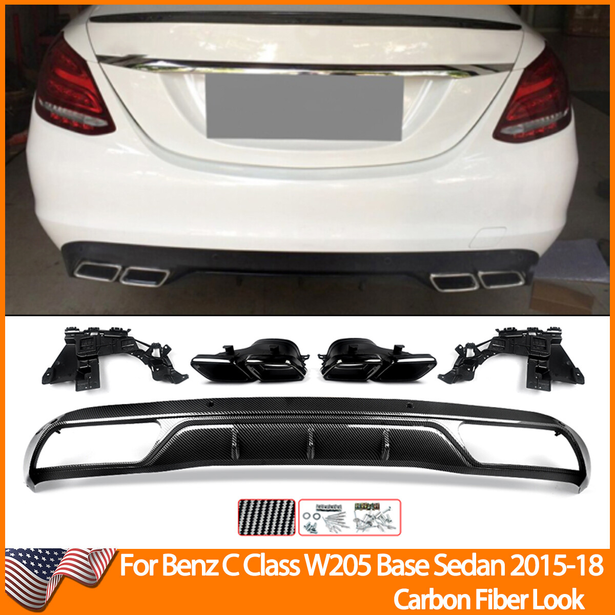 For 2015-2018 Mercedes-C W205 Base Sedan Rear Diffuser W/Exhaust Tip ...