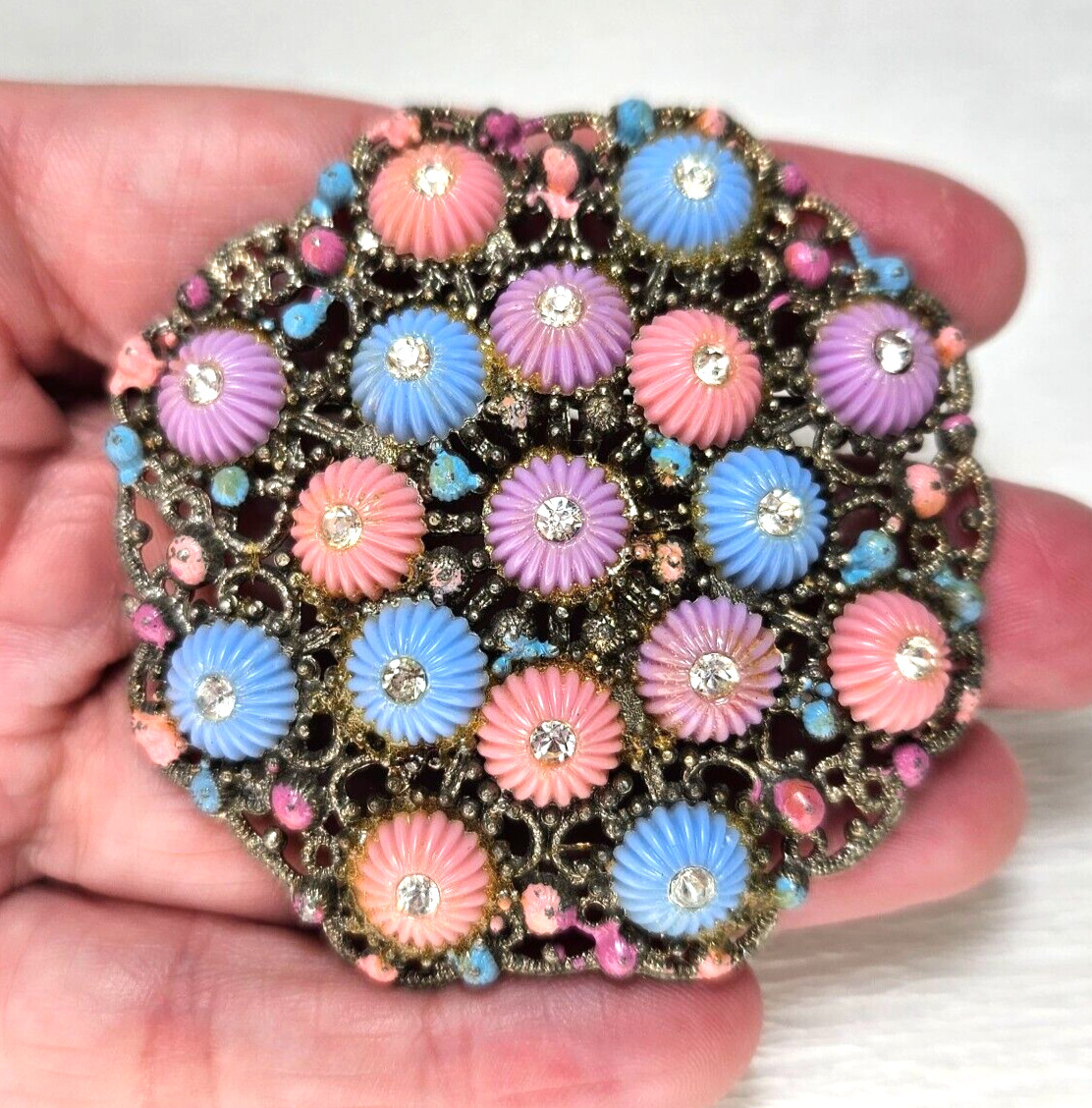 Antique Deco Pastel Rhinestone Enamel Flowers Filigre… - Gem