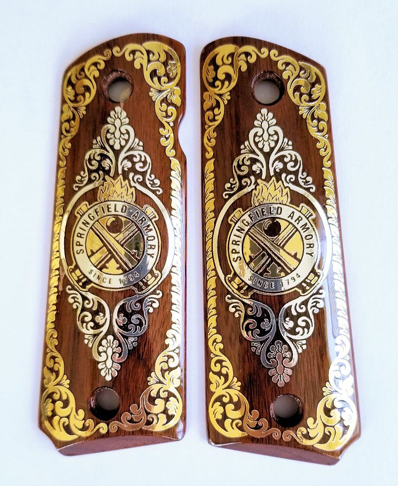 1911 Springfield Armory custom engraved wood grips gold silver Logo ...