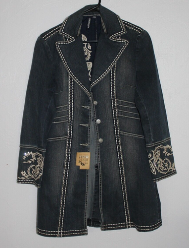 Zenim Denim Embroidered Jeweled Duster Long Jean Jacket Size Small ...