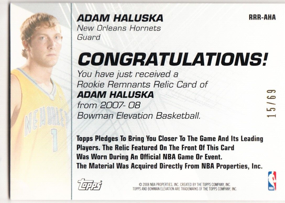 2007-08 Bowman Elevation Relic Red #15/69 ADAM HALUSKA RC Jersey ...