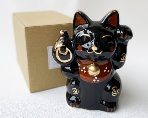 Maneki neko Japanese lucky cat Black Kuro neko Koseto yaki H16cm made ...