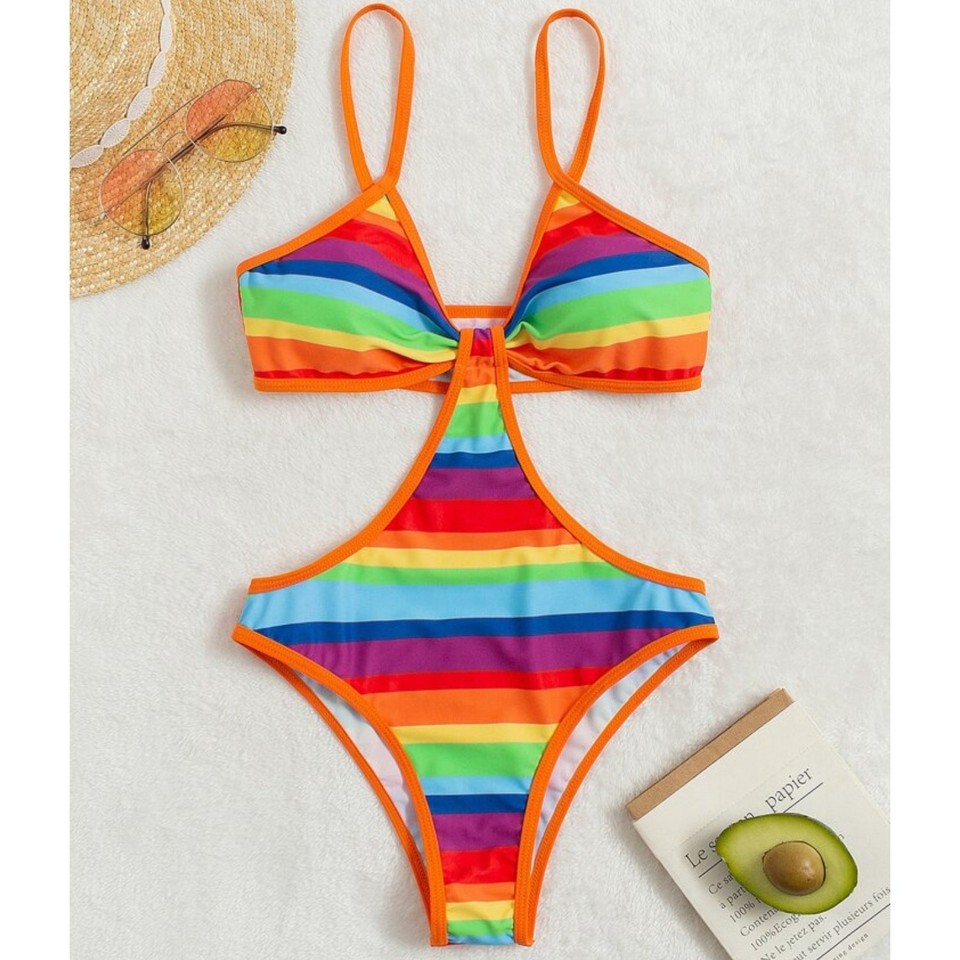 Rainbow Stripe Cut Out One Piece Swimsuit pride side cut out sexy SZ SM | eBay