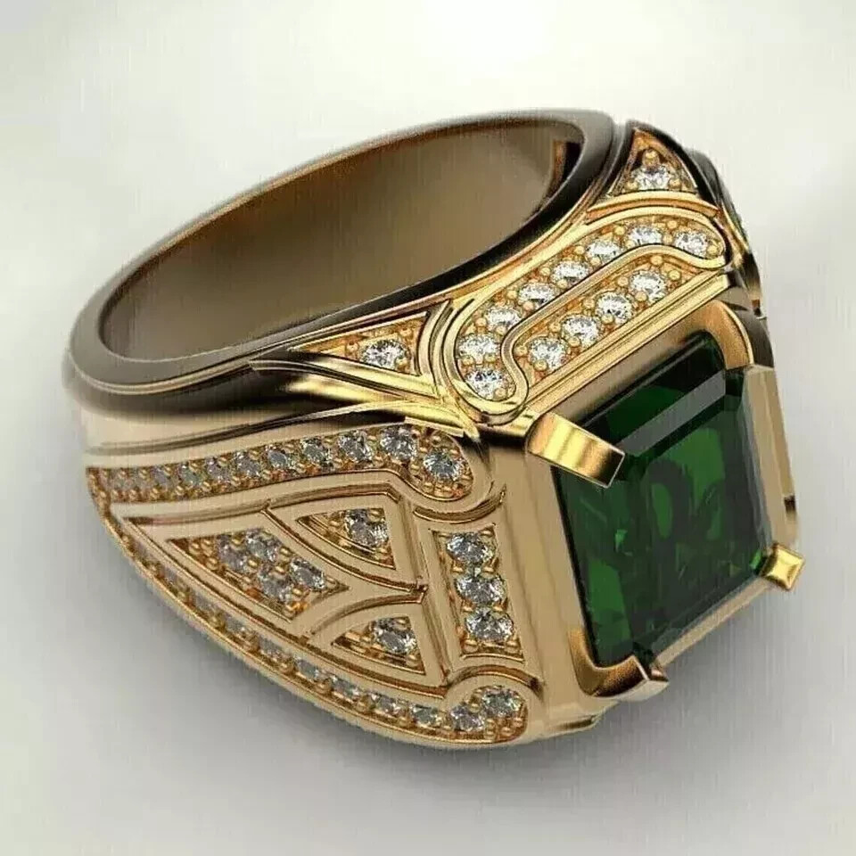 3Ct Emerald Cut Created Green Emerald Men's Wedding Ring 14K Yellow ...