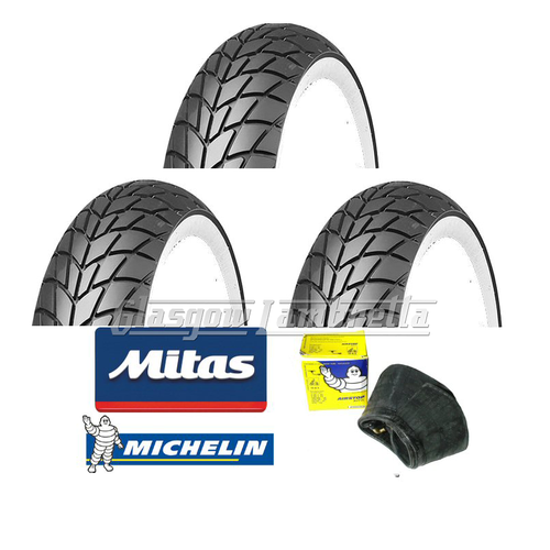 3 x MITAS MC20 WHITEWALL TYRES + MICHELIN INNER TUBES for LAMBRETTA F ...