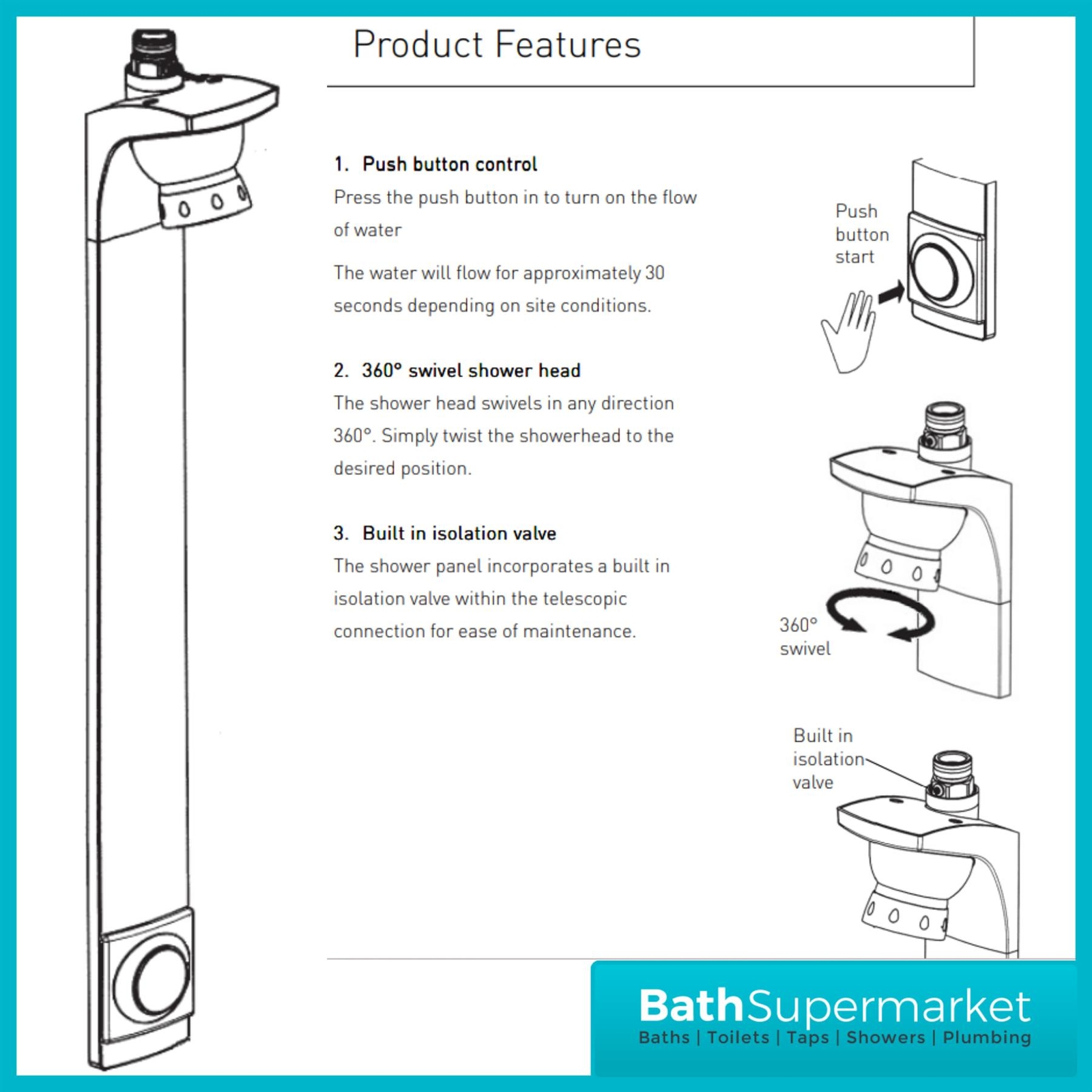 Bristan TFP4001 Timed Flow Shower Panel With Adjustable Head | eBay UK