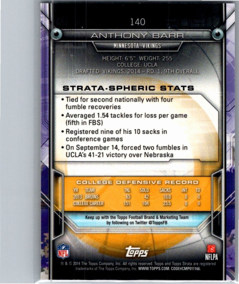 2014 Topps Strata 140 Anthony Barr Minnesota Vikings RC Football Card ...