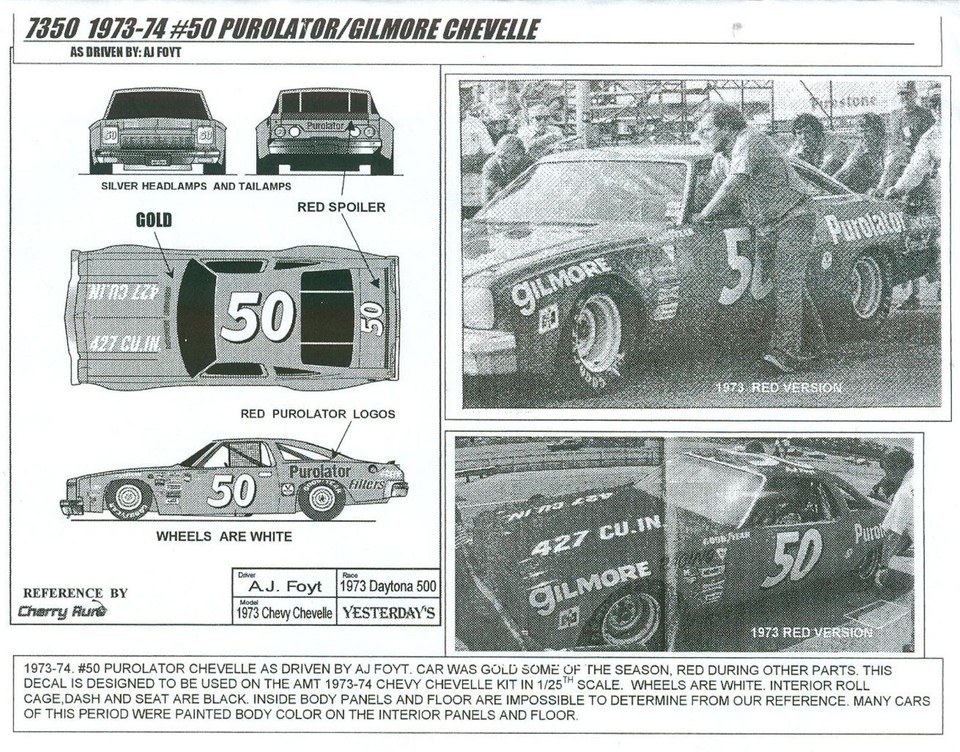 NASCAR DECAL #50 PUROLATOR / GILMORE RACING 1973-1974 GOLD CHEVELLE AJ ...