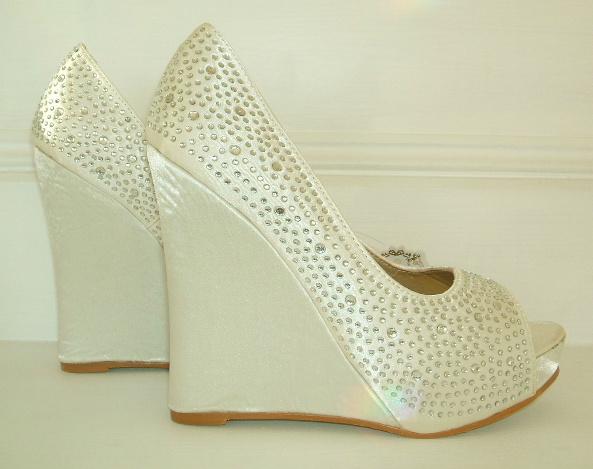 White Satin Diamante Wedge Wedding Shoes Womens Shoes Wedding Satin