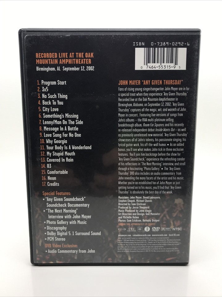 John Mayer - Any Given Thursday (DVD, 2003). Birmingham, AL. Sept 2002 ...
