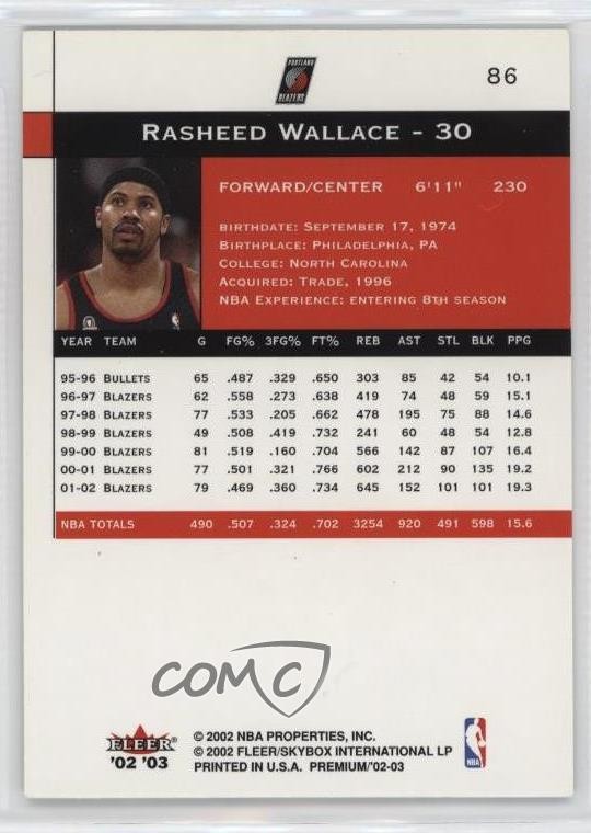 2002-03 Fleer Premium Rasheed Wallace #86 2b6 | eBay UK
