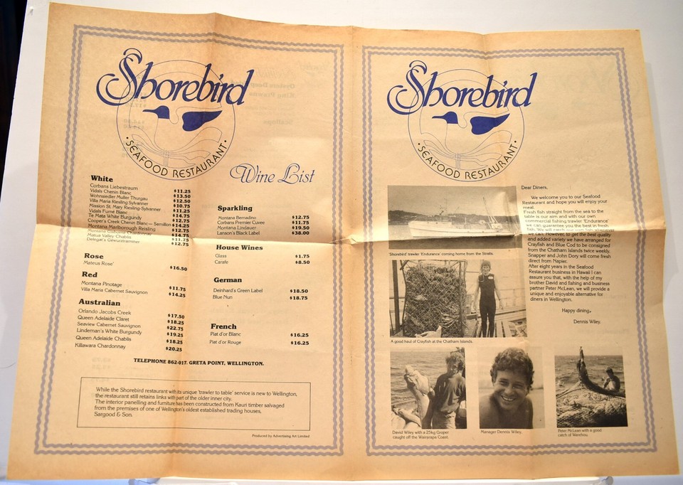 1980s Shorebird Seafood Restaurant Menu Gretta Point Wellington Evan's ...