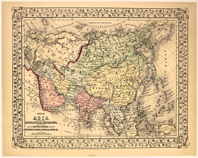 "ASIA" POLITICAL DIVISIONS, TRAVEL ROUTES Antique authentic Mitchell's ...