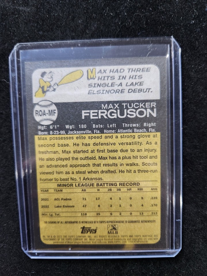 2022 Topps Heritage Minor League Max Ferguson RC Real One Autograph # ...