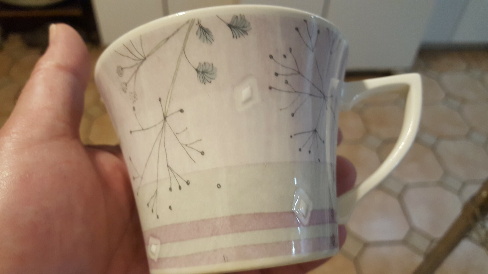 4 Portmeirion Dawn Tea coffee cups julie Ingham Britain gray pink ...