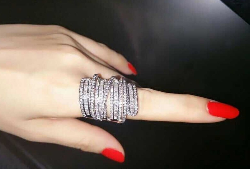 18k White Gold Plated Big Long Bold Ring made w Swarovski Crystal Stone ...