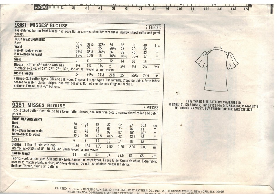 9361 Vintage Simplicity Sewing Pattern Misses Extra Sure Pattern Blouse ...