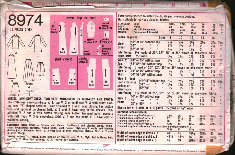 8974 Vintage Simplicity SEWING Pattern Misses 1970s Mini Coat Dress ...