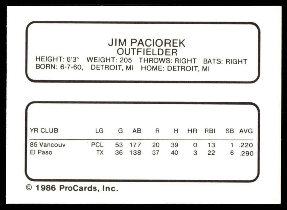 1986 ProCards Vancouver Canadians Jim Paciorek Vancouver Canadians #20 ...