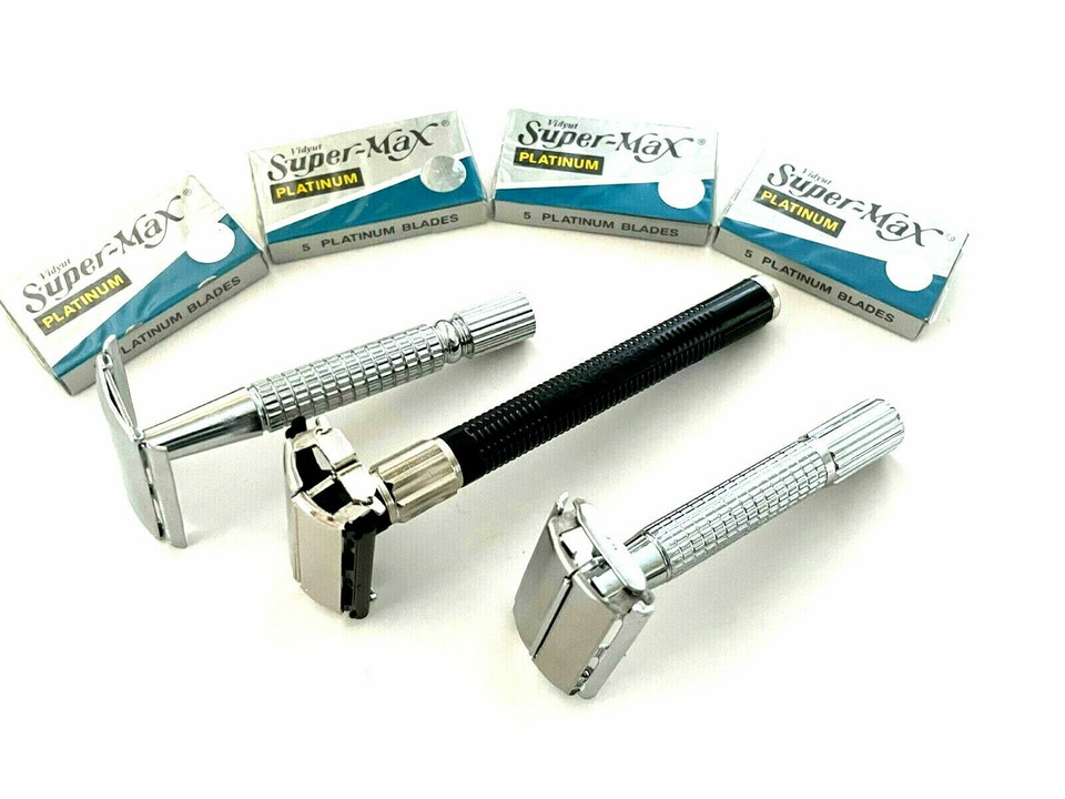 3 PCS OLD FASHION VINTAGE CLASSIC SAFETY RAZORS + 20 RAZOR BLADES GIFT ...