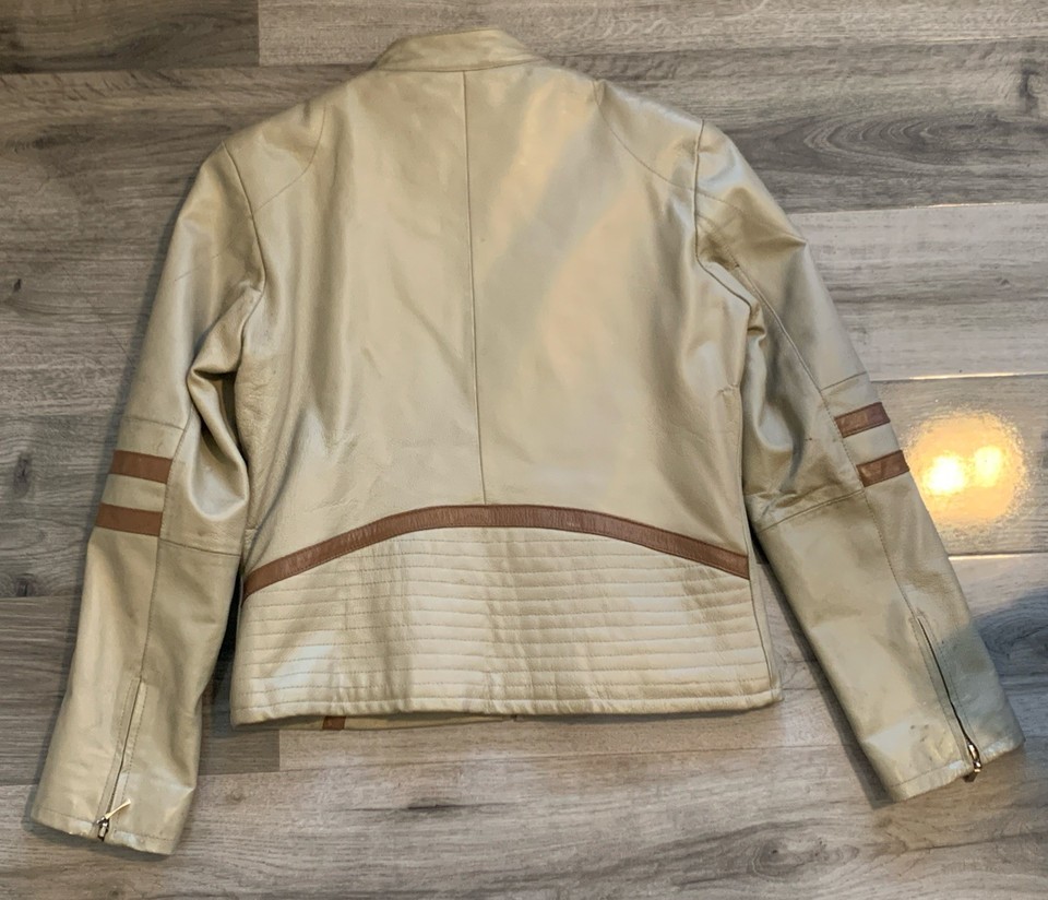 Oscar Piel Leather Jacket Womens S White & Tan Moto Cafe Racer Lined | eBay
