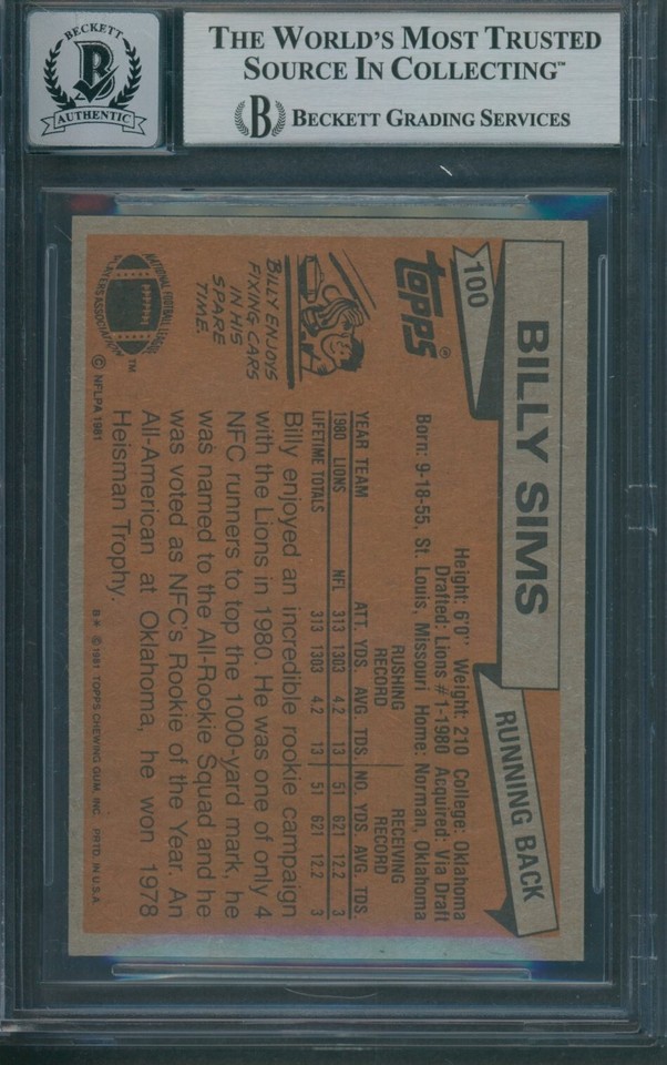 1981 Topps #100 Billy Sims Signed RC Beckett Authentic Autograph Auto ...