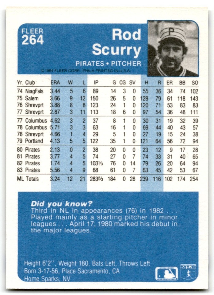 1984 Fleer Rod Scurry Pittsburgh Pirates #264 | eBay