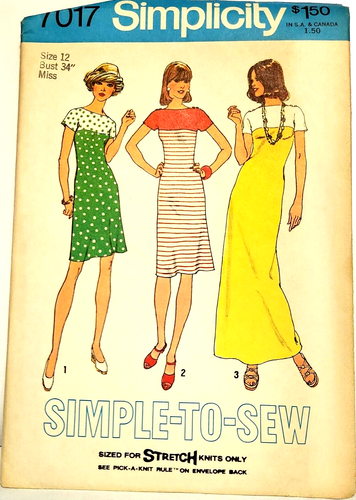 1970s SIMPLICITY Pattern #7017 Misses PULLOVER DRESS in 3 Lengths Size ...
