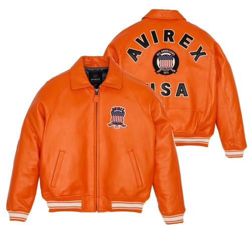 Men's Avirex Orange American ICON Bomber Genuine Cowhide Leather Flight ...