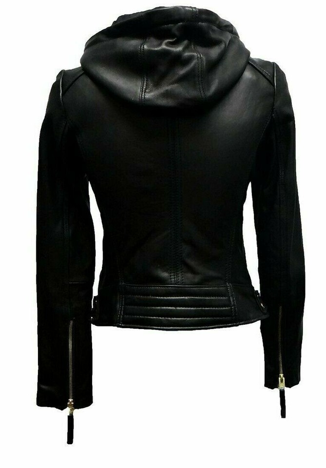 Womens Retro Black Hooded Leather Jacket Bomber Biker Hoodie Real ...