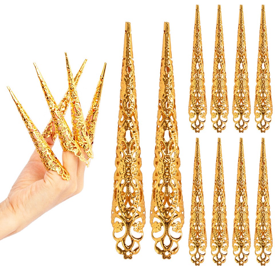 (gold) 10 Pack Finger Nail Tip Claw Rings Ancient Queen Costume ...