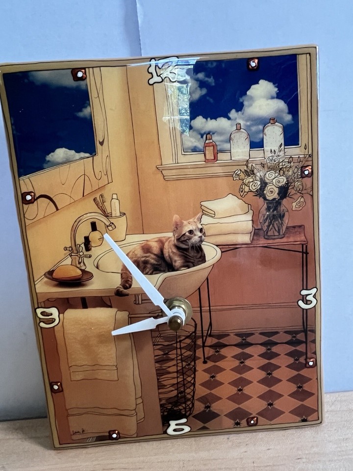 Lea Alboher Digital Collage Modern Ceramic Tile Art Wall Clock Cat ...