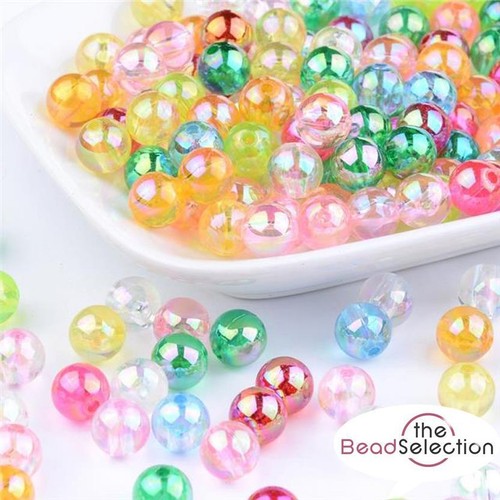 50 ACRYLIC TRANSLUCENT RAINBOW AB PEARL ROUND 10mm BEADS MIXED COLOURS ...