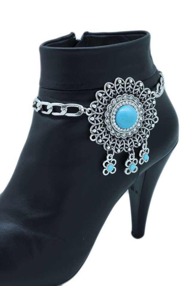 Women Silver Metal Western Bling Boot Chain Bracelet Shoe Turquoise ...