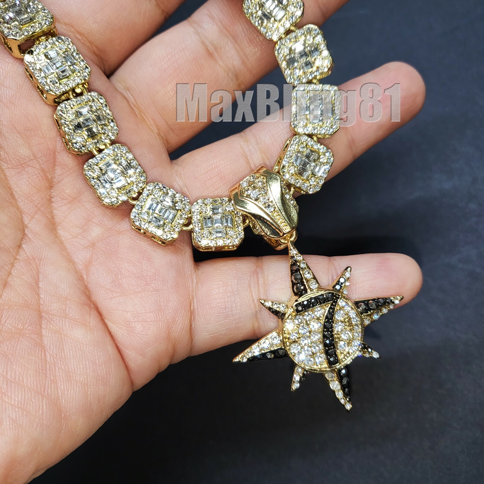 Hip Hop Gold 5 PERCENTER 7 STAR & 16" 18" 20" Iced Baguette stone Chain ...
