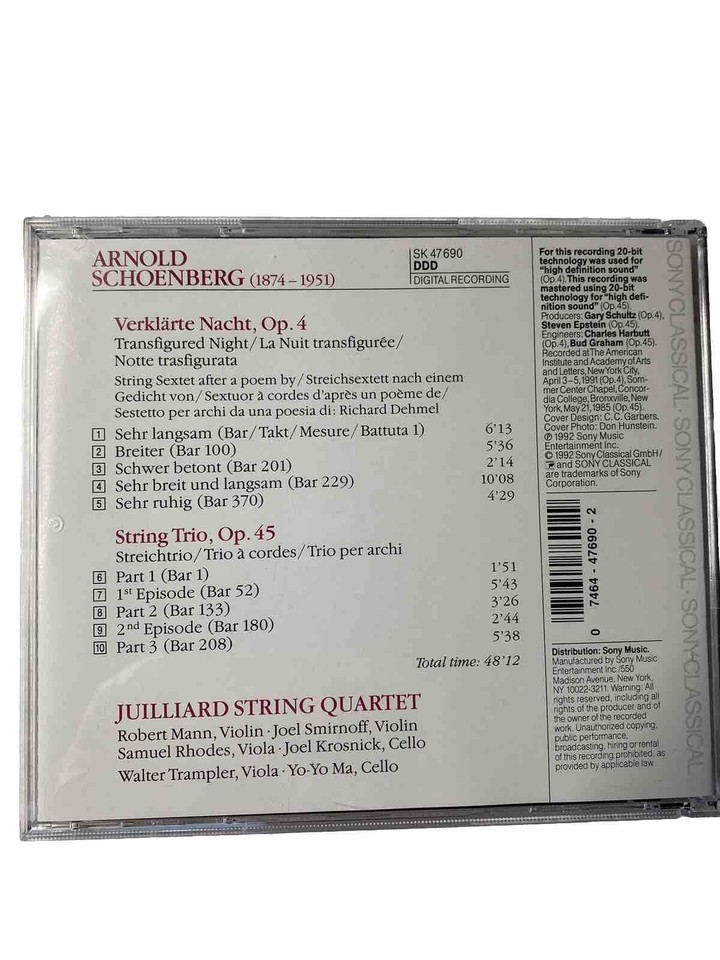 Schoenberg Juilliard String Quartet Walter Trampler Yo Yo Ma 1992 CD ...