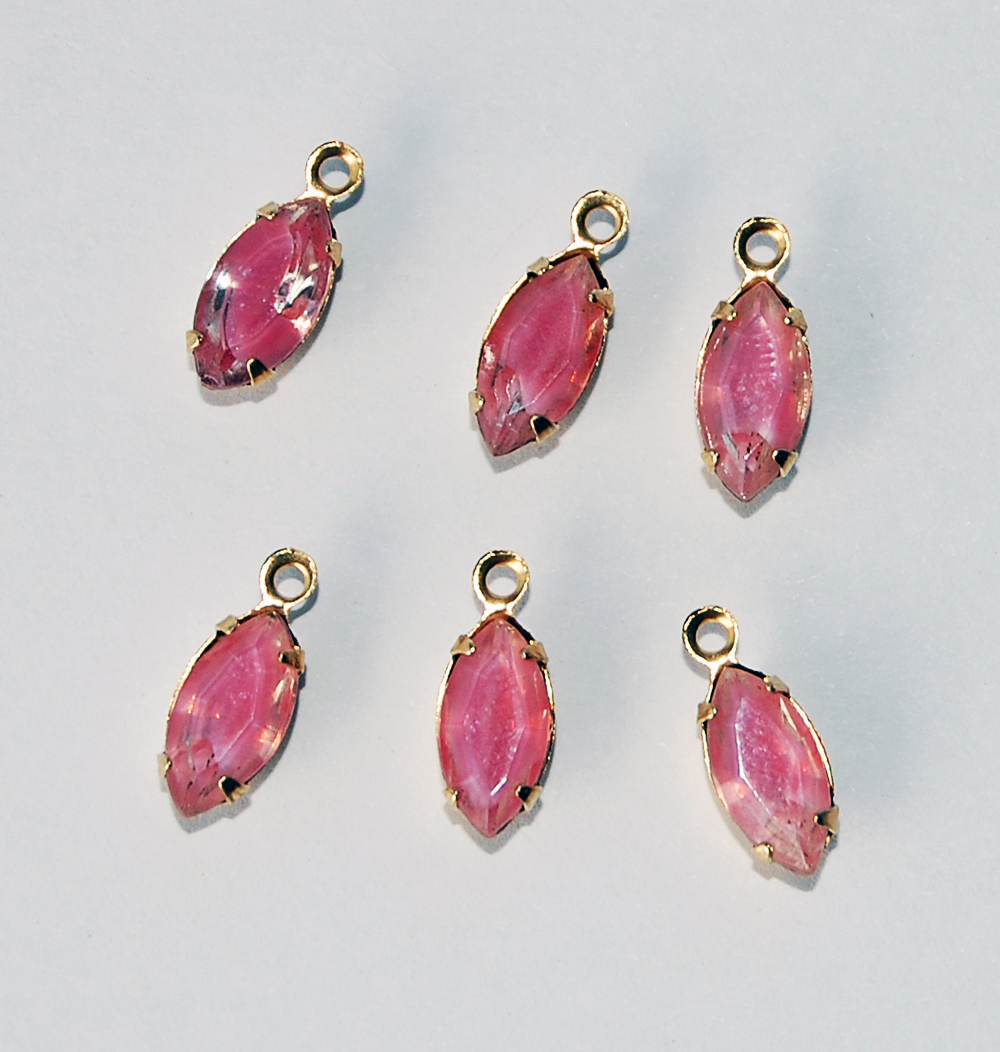 VINTAGE 6 PINK GIVRE GLASS NAVETTE MARQUIS PENDANT BEAD BEADS BRASS ...