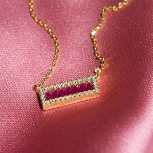 15x6mm Ruby Lab-Created Diamond Bar Pendant Necklace 14K Gold Plated ...