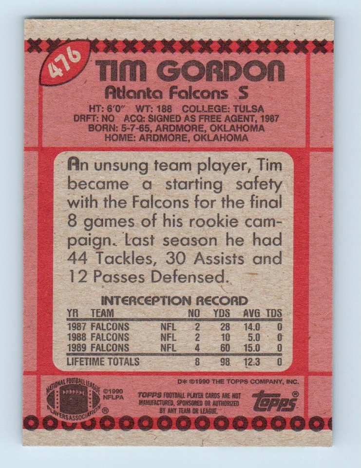 1990 Topps Tim Gordon Atlanta Falcons #476 | eBay