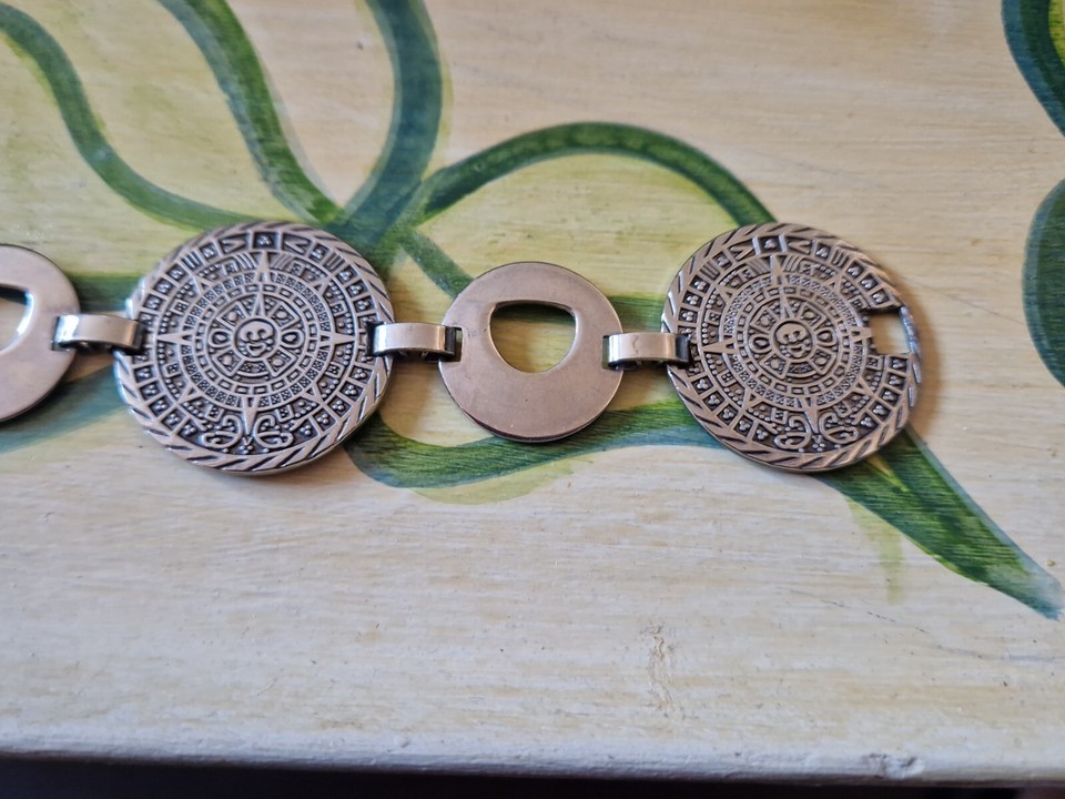 Sterling Silver 925 Mayan Aztec Sundial Calendar Panel Bracelet, 39.62g ...
