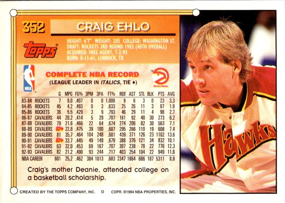 1993 Topps Craig Ehlo #352 Atlanta Hawks Basketball Card | eBay