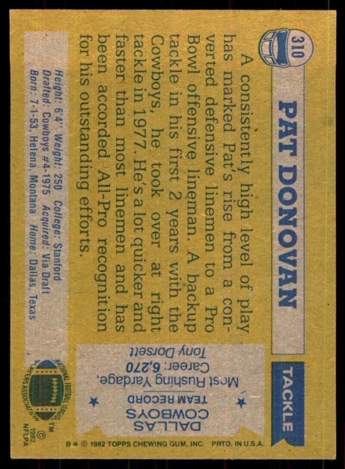 1982 Topps~ Pat Donovan. Dallas Cowboys #310 | eBay